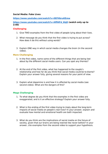 Social Media + Self-Esteem PSHE | Teaching Resources