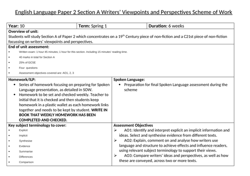 AQA English Language Paper 2 Section A Scheme of Work with Spoken ...
