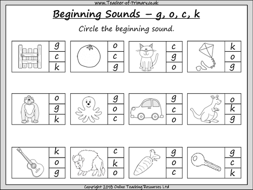 Beginning Sounds - g, o, c, k | Teaching Resources