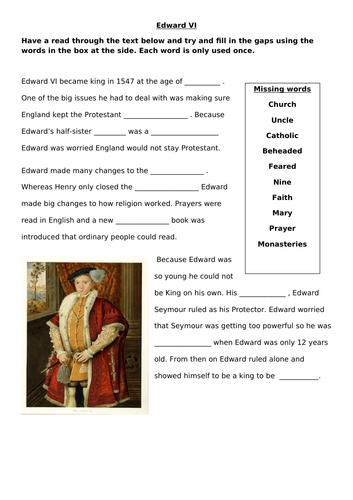 Edward VI Gap fill exercise | Teaching Resources