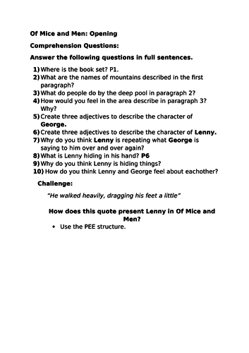 Of Mice and Men: Comprehension Questions (Opening) | Teaching Resources