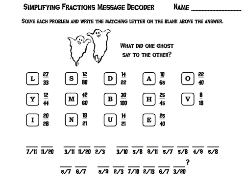 Halloween Math Activity: Simplifying Fractions Message Decoder ...