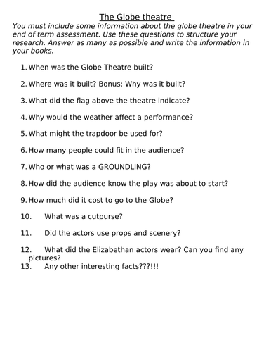 Globe Theatre Independent Research | Teaching Resources
