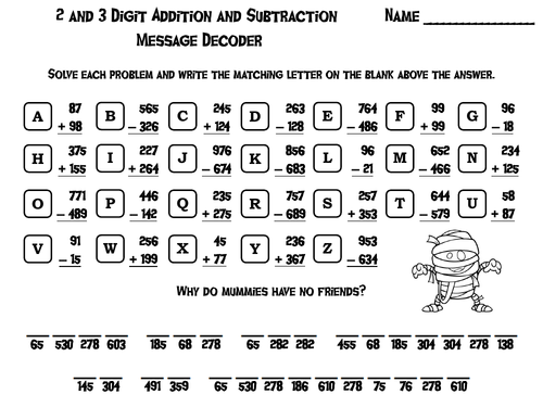 2 and 3 Digit Addition and Subtraction W-W/O Regrouping Halloween Math ...