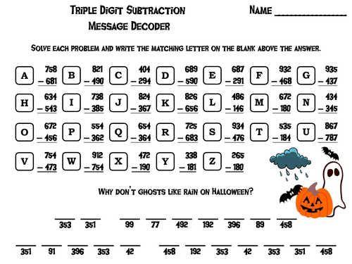 Triple Digit Subtraction With and Without Regrouping Halloween Math ...