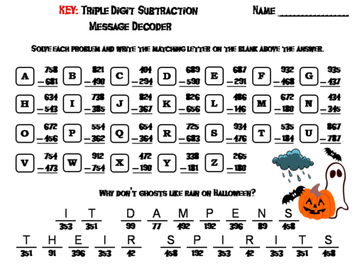 Triple Digit Subtraction With and Without Regrouping Halloween Math ...