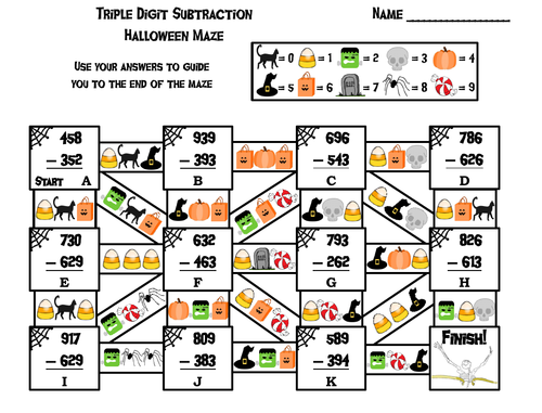 Triple Digit Subtraction With and Without Regrouping Halloween Math ...