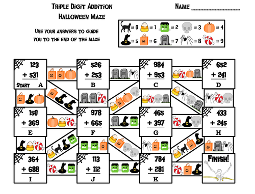 Triple Digit Addition With and Without Regrouping Halloween Math Maze ...