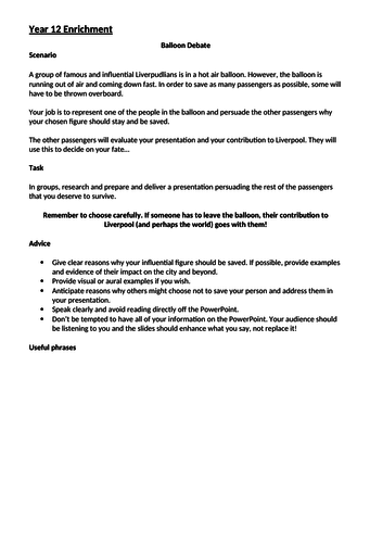 Liverpool Balloon Debate | Teaching Resources