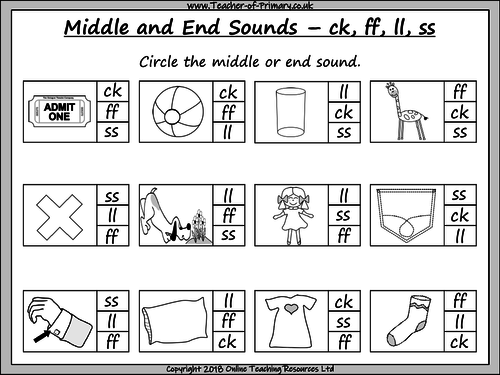 Middle and End Sounds - ck, ff, ll, ss | Teaching Resources