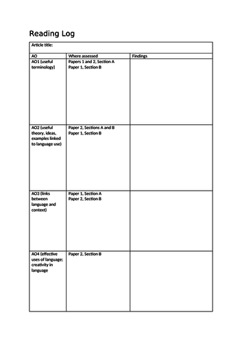 Reading Log - English Language | Teaching Resources
