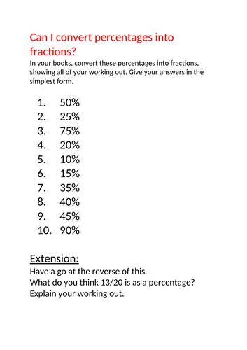 Converting percentages into fractions worksheets - LA/MA/HA | Teaching ...