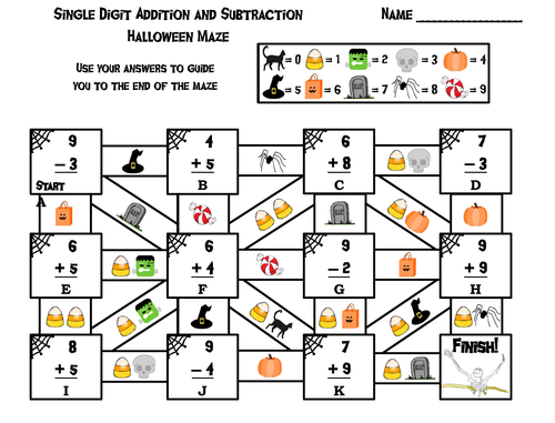Single Digit Addition and Subtraction Game: Halloween Math Maze ...