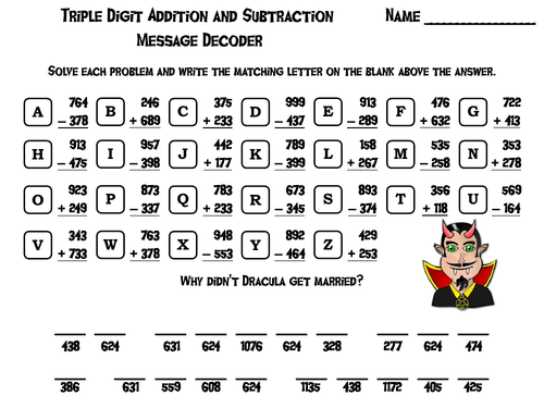 Triple Digit Addition and Subtraction Game: Halloween Math Activity ...