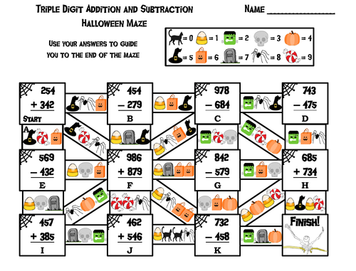 Triple Digit Addition and Subtraction Game: Halloween Math Maze ...