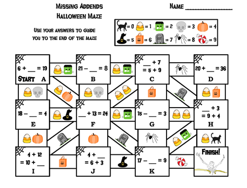 Missing Addends Addition and Subtraction Game: Halloween Math Maze ...