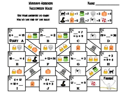 Missing Addends Addition and Subtraction Game: Halloween Math Maze ...
