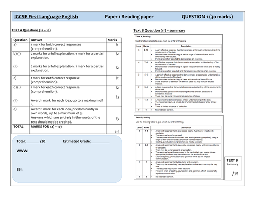 CIE IGCSE 0500 English Language Paper 1: Marking Templates | Teaching ...