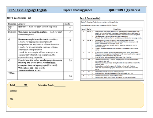 CIE IGCSE 0500 English Language Paper 1: Marking Templates | Teaching ...
