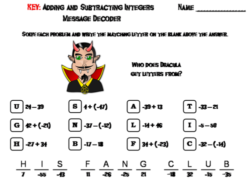 Adding and Subtracting Integers Game: Halloween Math Activity ...