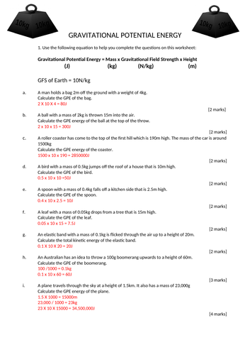 Gravitational Potential Energy Calculation Worksheet- GCSE Physics ...