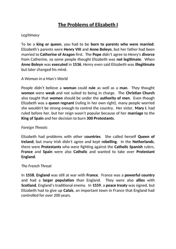 Challenges and Opposition to the Rule of Elizabeth I | Teaching Resources