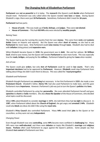 National Government - The Role of Parliament in Elizabethan England ...
