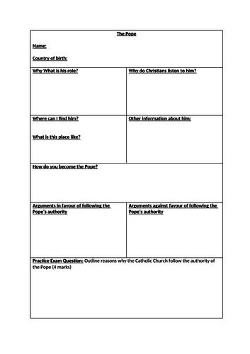 Worksheet on the Pope | Teaching Resources