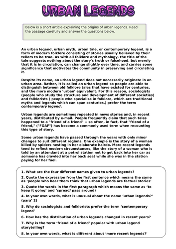 Urban Legends Creative Writing Unit KS3/4 | Teaching Resources