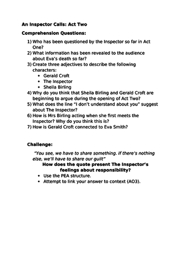 An Inspector Calls: Act Two Comprehension Questions. | Teaching Resources