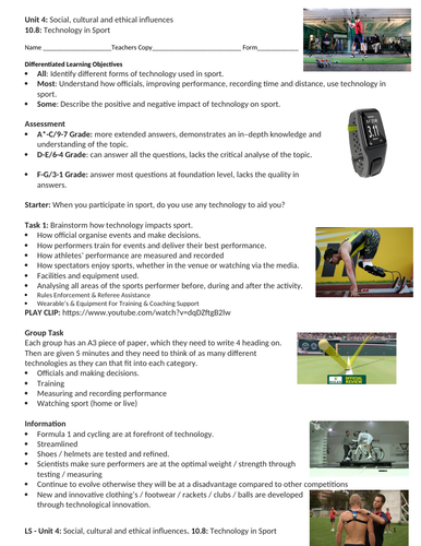 IGCSE PE (new spec 2018) 10.8: Technology in Sport | Teaching Resources