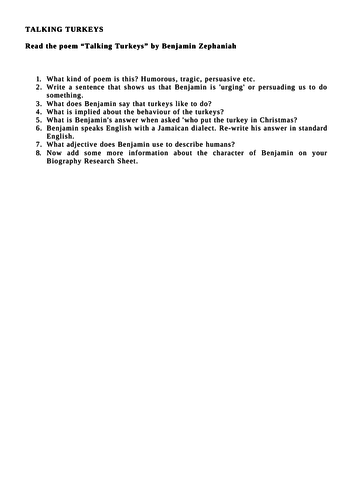 Benjamin Zephaniah - life chronology, and comprehension of Talking ...