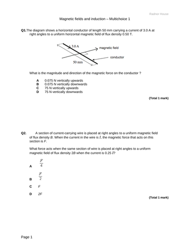 Multichoice Practise - Magnetic fields and EM - AQA A-level Physics ...