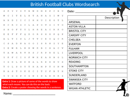 British Football Clubs Wordsearch Sheet Starter Activity Keywords Cover ...