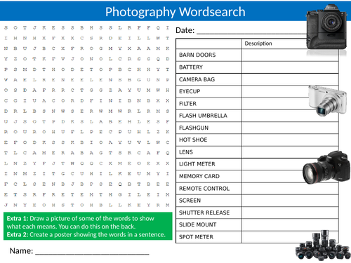 Photography Wordsearch Sheet Starter Activity Keywords Cover Homework ...