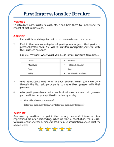 Ice Breaker Activity: First Impressions | Teaching Resources