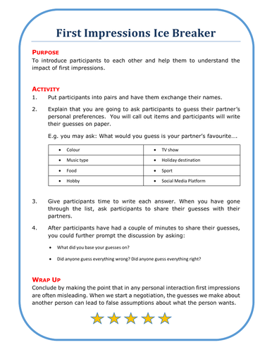 Ice Breaker Activity: First Impressions | Teaching Resources