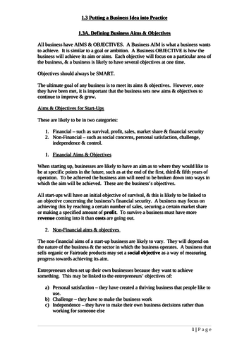 GCSE Business 9-1 Edexcel Scheme of Learning. Theme 1: 1.3 Putting a ...