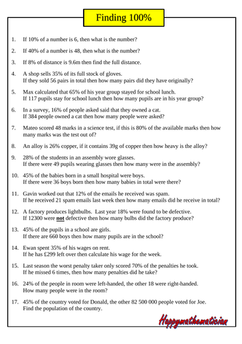 Finding 100% Given Any Percentage - with answers | Teaching Resources