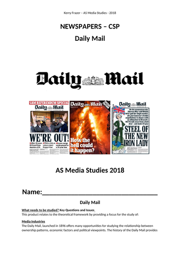 AQA A Level Media Studies - Daily Mail CSP | Teaching Resources