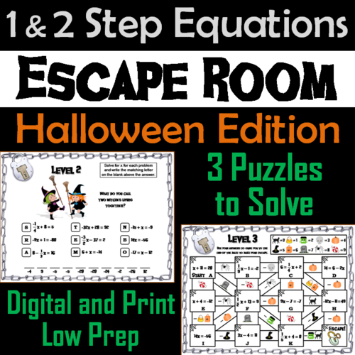 Solving One and Two Step Equations Game: Escape Room Halloween Math ...