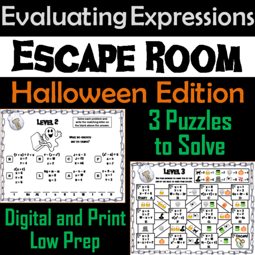 Evaluating Algebraic Expressions Game: Escape Room Halloween Math ...