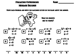 Evaluating Algebraic Expressions Game: Halloween Math Activity Message ...