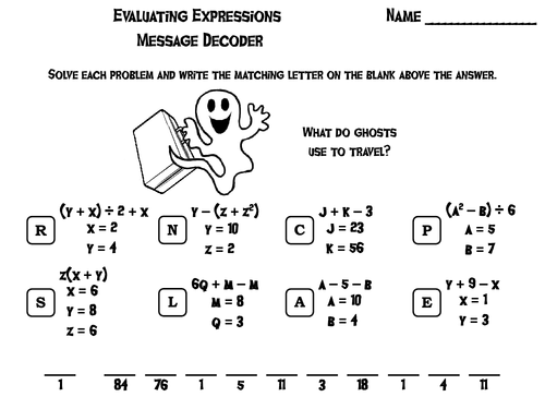 Evaluating Algebraic Expressions Game: Halloween Math Activity Message ...