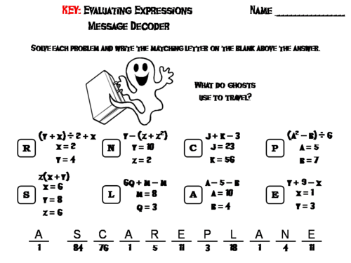 Evaluating Algebraic Expressions Game: Halloween Math Activity Message ...