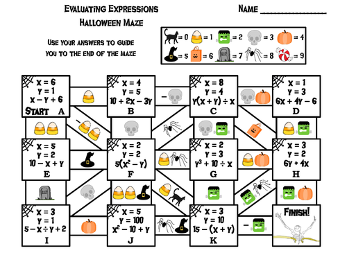 Evaluating Algebraic Expressions Game: Halloween Math Maze | Teaching ...