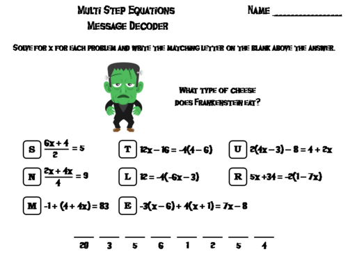 Solving Multi Step Equations Game: Halloween Math Activity Message ...