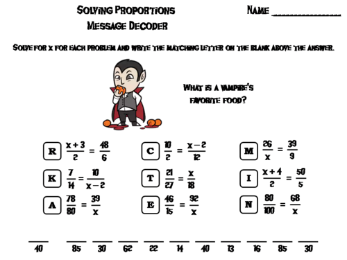 Solving Proportions Game: Halloween Math Activity Message Decoder ...