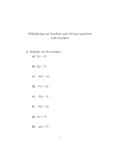 Multiplying out brackets and solving equations with brackets worksheet ...