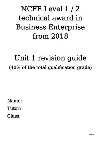 New Ncfe Level 1 2 Tech Award In Business Enterprise Unit 1 Revision Guide Course Ends In